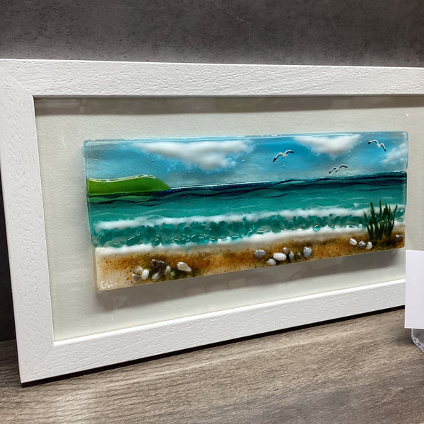 Large Framed Rectangle Sea Scene with Grass - Fused Glass By Claire Harris